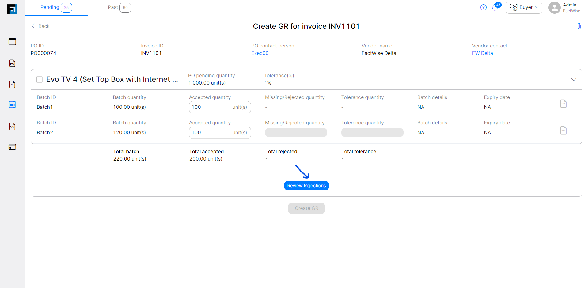 Create GR for FactWise Invoices